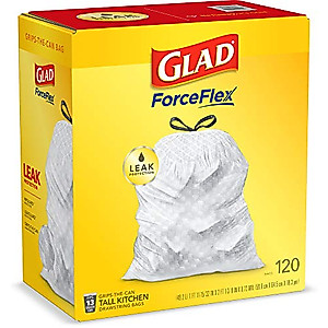 GLAD ForceFlex Tall Drawstring Trash Bags, 13 Gallon White Trash Bags for Tall Kitchen Trash Can, Unscented Leak Protection Bags, 120 Count - Packaging May Vary