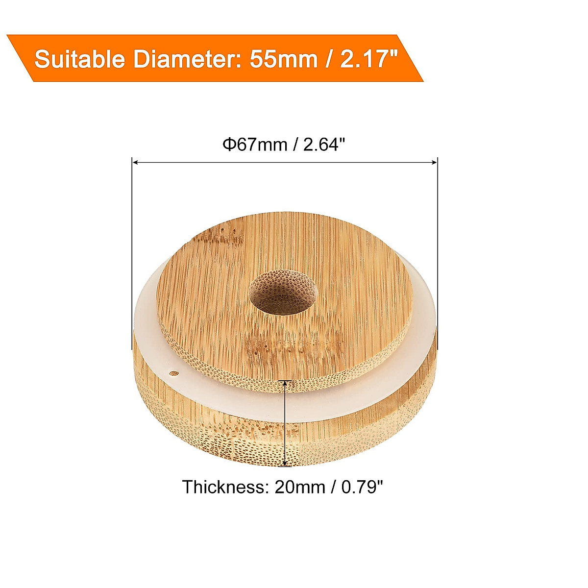 uxcell Mason Jar Lids with Straw Hole, 6pcs - Bamboo Lids with Silicone Ring for Glass Cups 70mm Regular Mouth Leak Proof Fits Storage Jars(Wood Color)