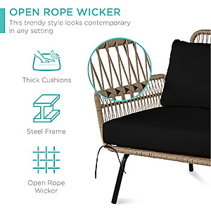Best Choice Products Outdoor Rope Woven Sectional Patio Furniture L-Shaped Conversation Sofa Set for Backyard, Porch w/Thick Cushions, Detachable Lounger, Side Table - Natural/Black