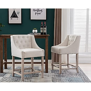 CIMOTA Counter Height Bar Stools Set of 2 Tufted Farmhouse Bar Chairs with Back Upholstered Mid Century Barstools with Wood Legs Kitchen Island Counter Stools for Home Bar, 25 Inch/Linen Beige