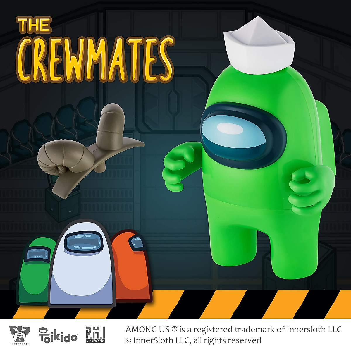 P.M.I. Among Us Action Figure | One of Four 6.7-Inch-Tall Collectibles | Among Us Toys and Playable Mini Toys | Green Crewmate in The White Folded Paper Hat with Hidden Hat and Hands | Kids’ Toys