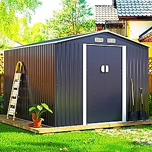 JAXPETY 9.1' x10.5' Outdoor Storage Large Shed, Galvanized Metal Shed for Garden Patio Lawn Backyard, Garden House with Lockable Double Doors and Four Vents, Gray