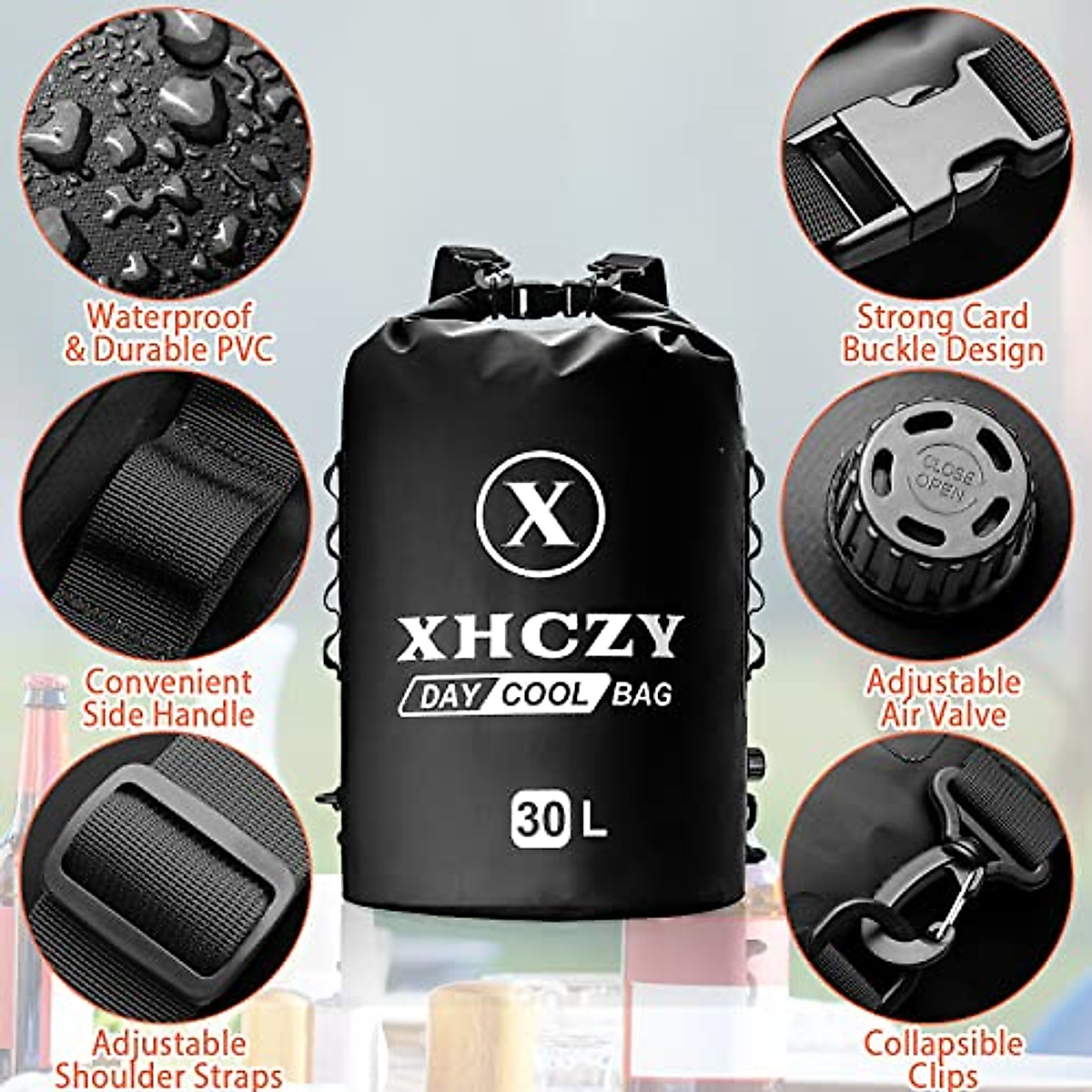 X XHCZY Portable Cooler Bag with Roll Top,Classic Collapsible Backpack Cooler,Insulated, 100% Waterproof, 24+ Hours Cooling for Camping,Boating,Fishing, Hiking, Picnic and Beach(Black)