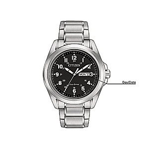 Citizen Men's Eco-Drive Weekender Garrison Field Watch in Stainless Steel, Black Dial, Arabic Markers, Luminous, 43mm (Model: AW0050-82E)