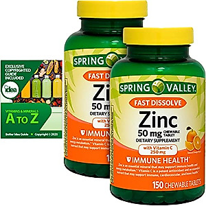 Spring Valley Fast Dissolve Zinc with Vitamin C, Chewable Tablets, Orange, 150 Ct (2 Pack) Bundle with Exclusive "Vitamins & Minerals - A to Z" - Better Idea Guide (3 Items)