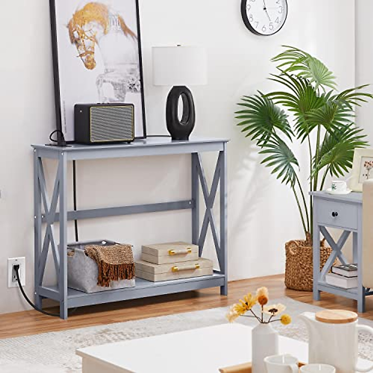 Yaheetech 2-Tier Console Table Narrow Wood Sofa Table with Power Outlets for Entryway Hallway Living Room Corridor, X-Shaped Design,Gray