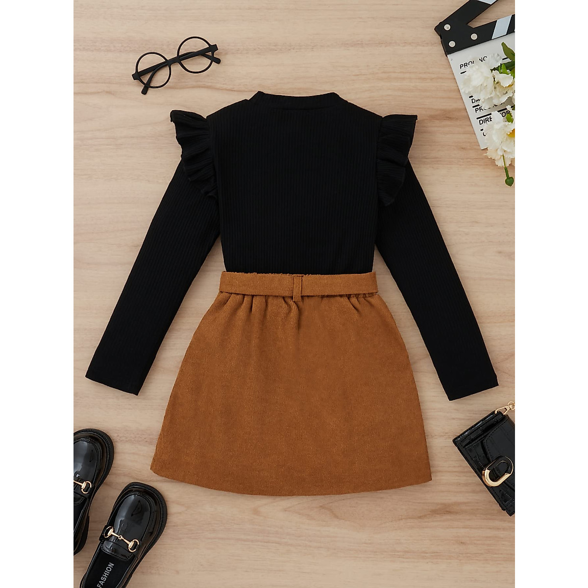 Floerns Girls 2 Piece Outfit Ruffle Trim Long Sleeve T Shirt and Short Skirt Set Brown Black 8 Years