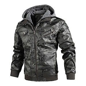 Maiyifu-GJ Men's Camo Faux Leather Jacket Winter Warm Moto Jacket with Removable Hood Pu Motorcycle Bomber Jackets Outwear (Grey,Large)