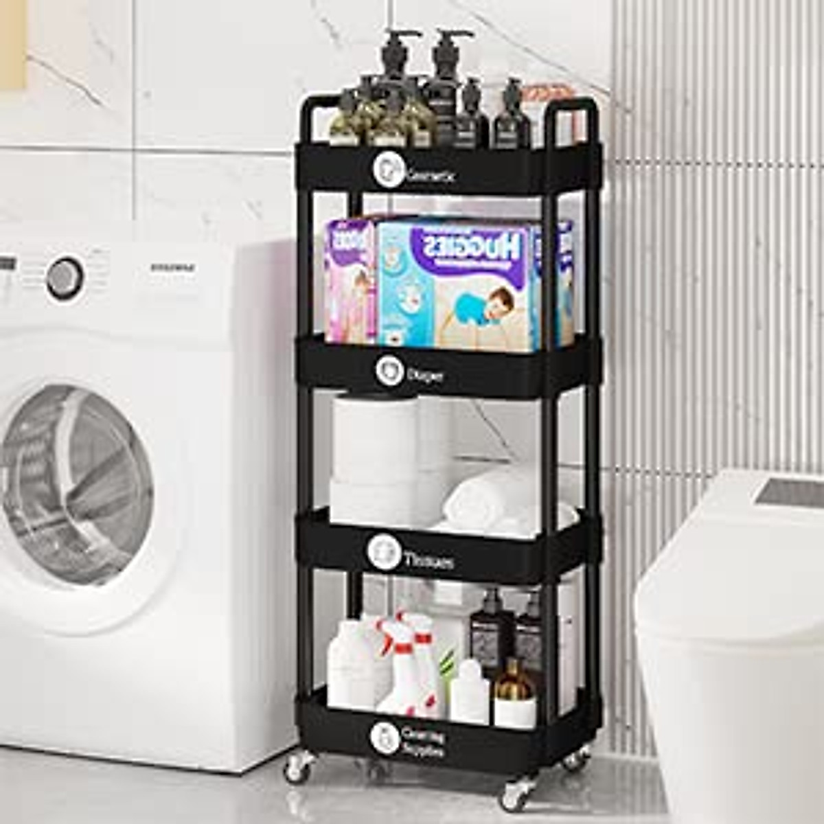 Laiensia 4-Tier Storage Cart,Multifunction Utility Rolling Cart Kitchen Storage Organizer,Mobile Shelving Unit Cart with Lockable Wheels for Bathroom,Laundry,Living Room,With Classified Stickers,Black