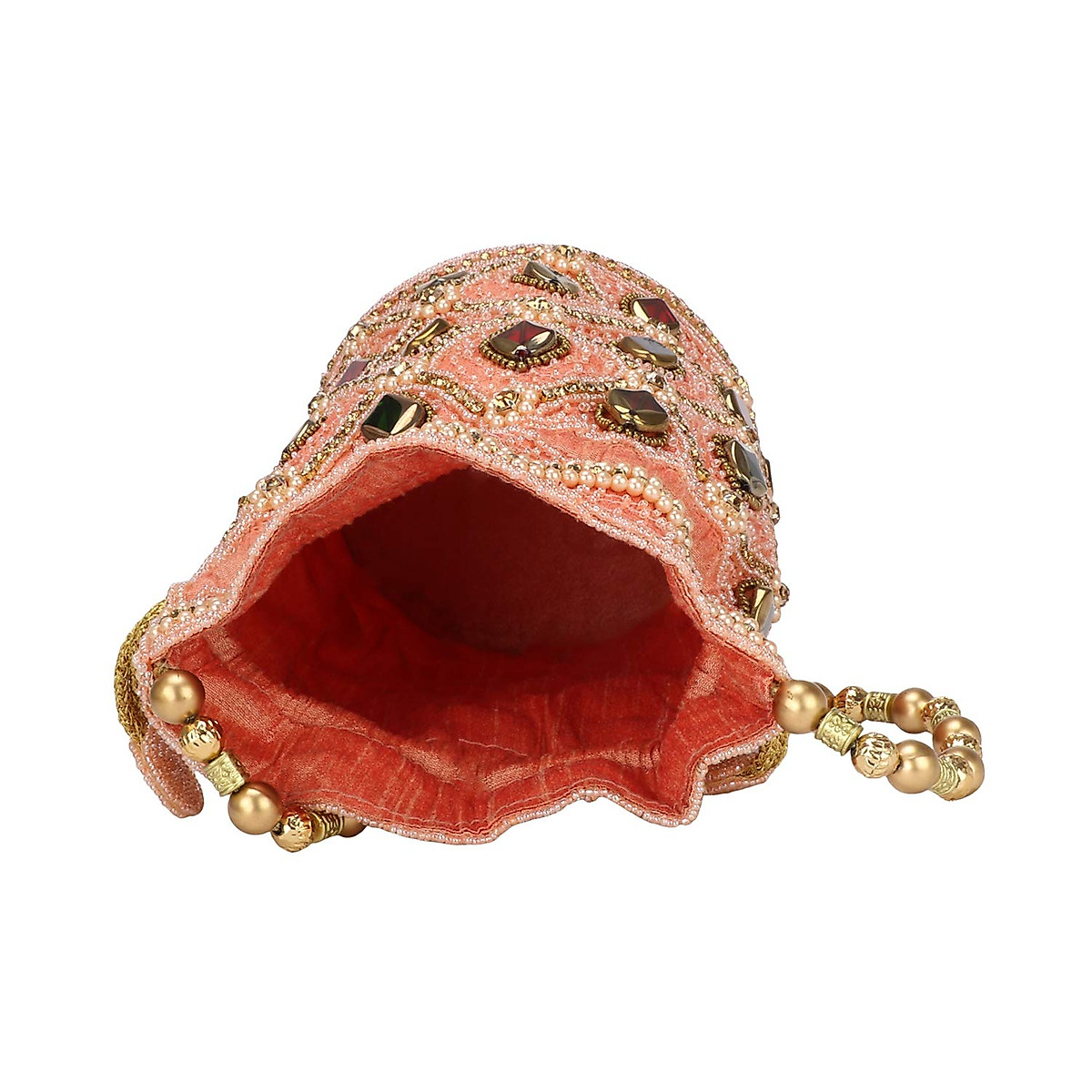 Indian Ethnic Clutch Silk Potli Batwa Pouch Bag with Beadwork Gift For Women (Peach)