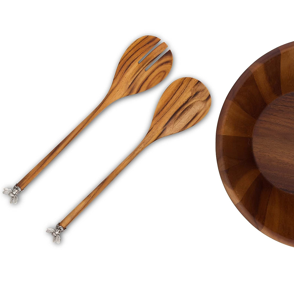 Vagabond House Bee Hive Shaped Wood Salad Bowl and Salad Server Set with Pewter Bee Accent 12.5 inch Diameter