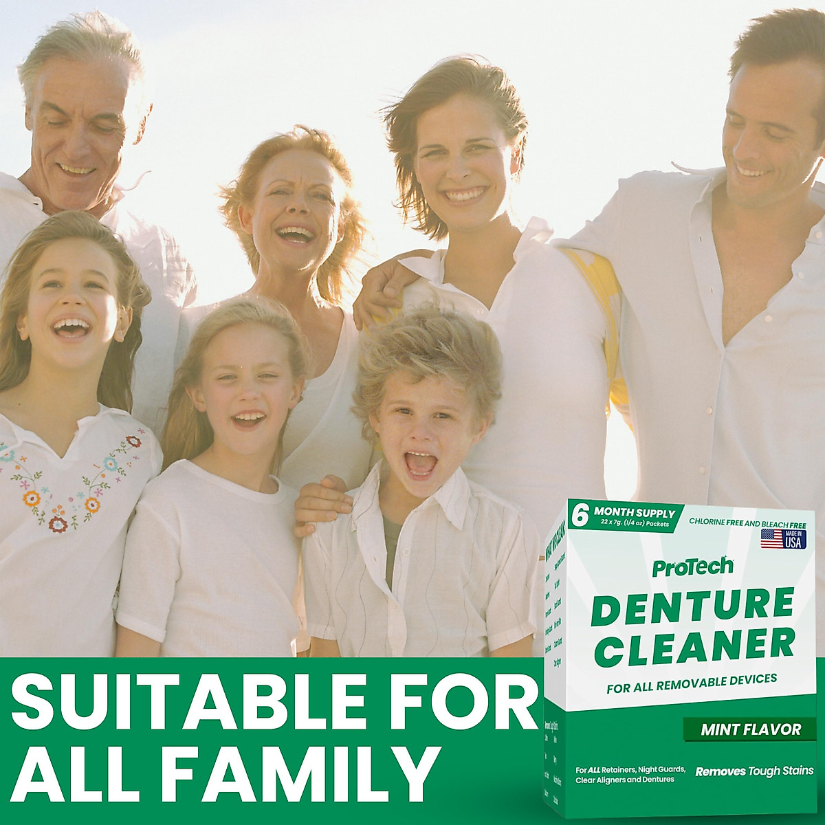 Protech Denture Cleaner (180 Days) Denture Cleanser for Retainers, Mouthguards, and Dentures, Nicotine and Coffee Stains Cleaner, Powder, 6-Month Supply