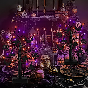 2 Pack 24 Inch Black Halloween Tree with 24 LED Orange Purple Lights, Timer/USB/Battery Operated Light Up Halloween Table Decorations, Spooky Halloween Decorations Indoor Home Mantle Room Party Decor