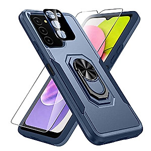 Janmitta Case for Samsung Galaxy A03s with Screen Protector+Camera Lens Protector,Heavy Duty Shockproof Full Body Protective Cover,Built in Finger Ring Stable Holder Kickstand,2022 Navy Blue