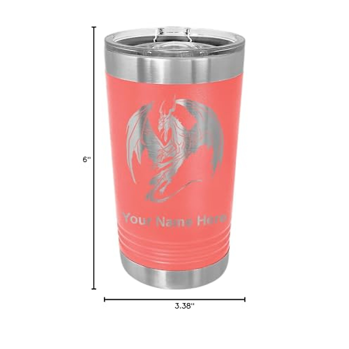 LaserGram 16oz Vacuum Insulated Pint Tumbler, Dragon, Personalized Engraving Included (Coral)