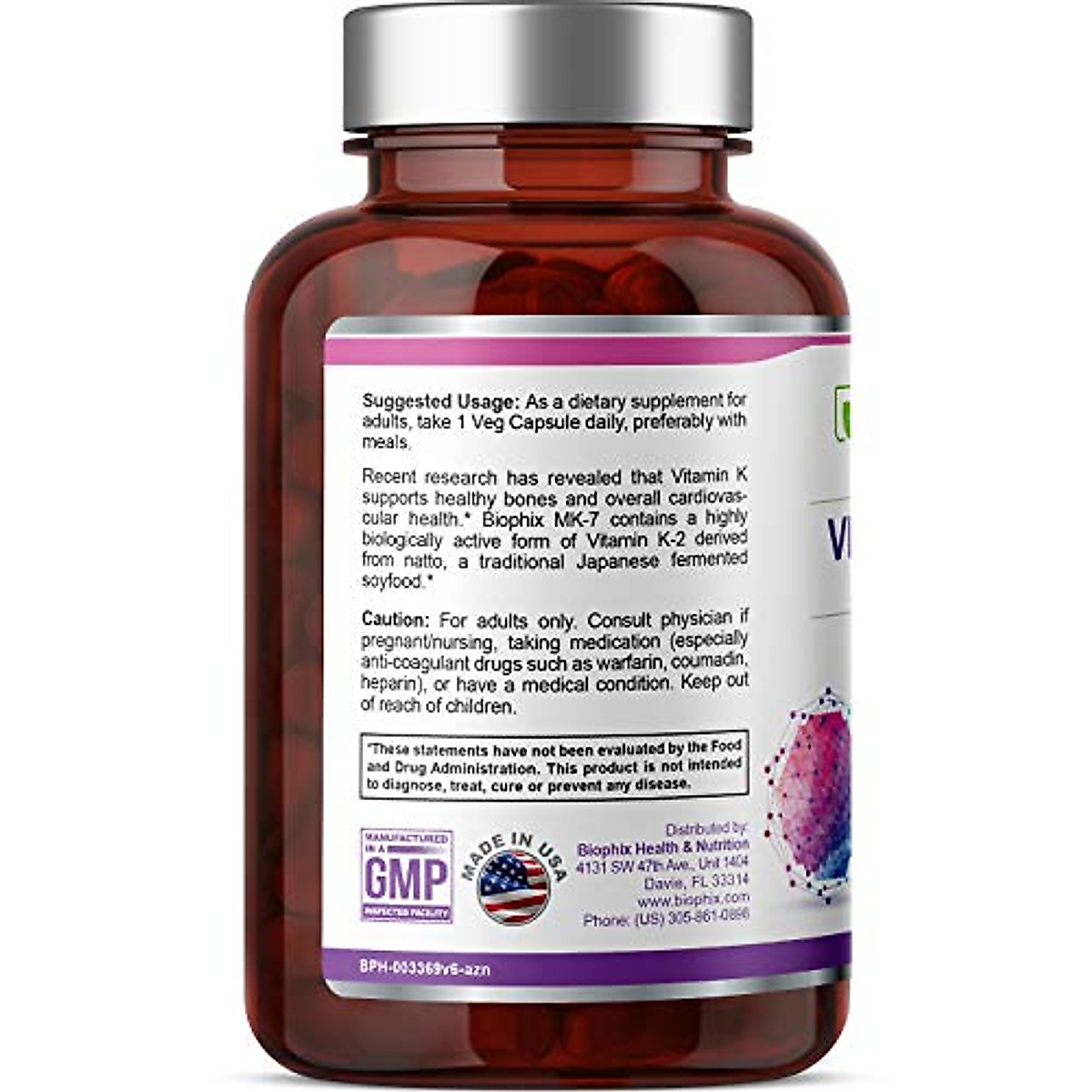 biophix Vitamin K2 MK-7 - 300 mcg 120 Vcaps - High-Potency Supports Strong Bones Immune Health and D-3