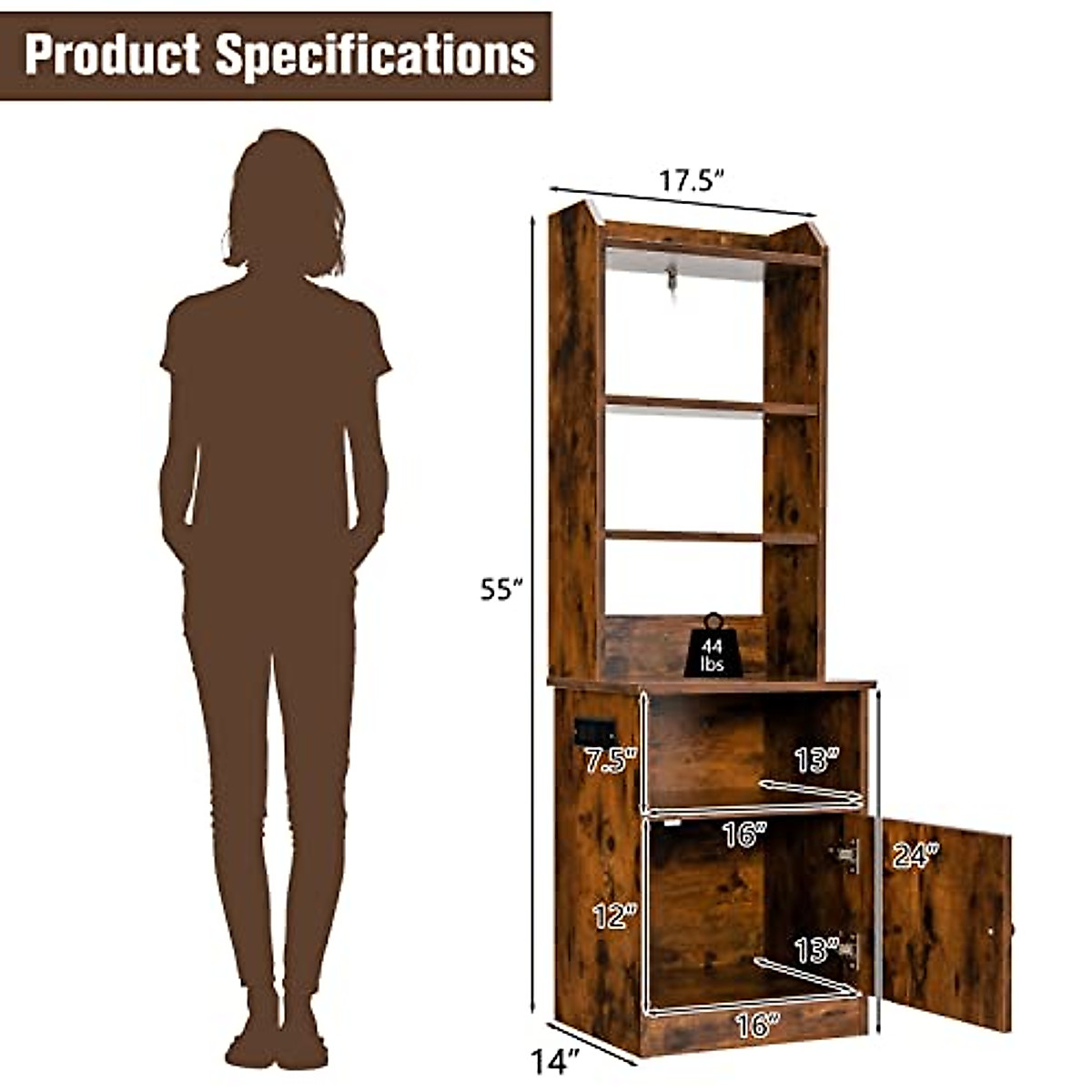 LOKO Nightstand with Charging Station, 55" Tall Bedside Table with Adjustable Shelves, Multifunctional End Table Bookcase with Open Storage Shelves, Modern Night Stand with Charger (Rustic Brown)