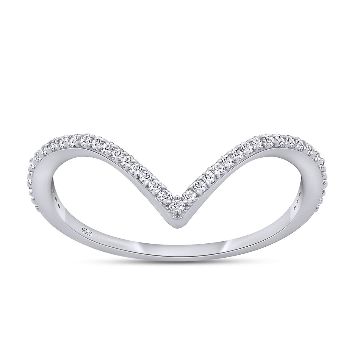 AFFY 1/6 Cttw Round Cut Natural Diamond V-Shaped Promise Ring In 14K White Gold Over Sterling Silver (0.16 Cttw, I2-I3 Clarity), Ring Size-6.5