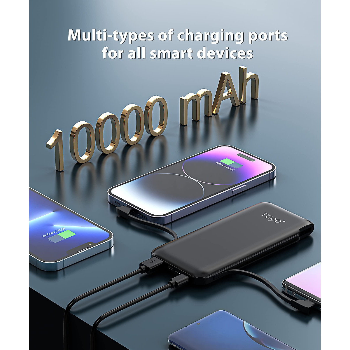 TG90° 10000mah Portable Charger with Built in Cables and AC Wall Plug, All in One Portable Phone Charger External Battery Packs Compatible with iPhone and Android Phones