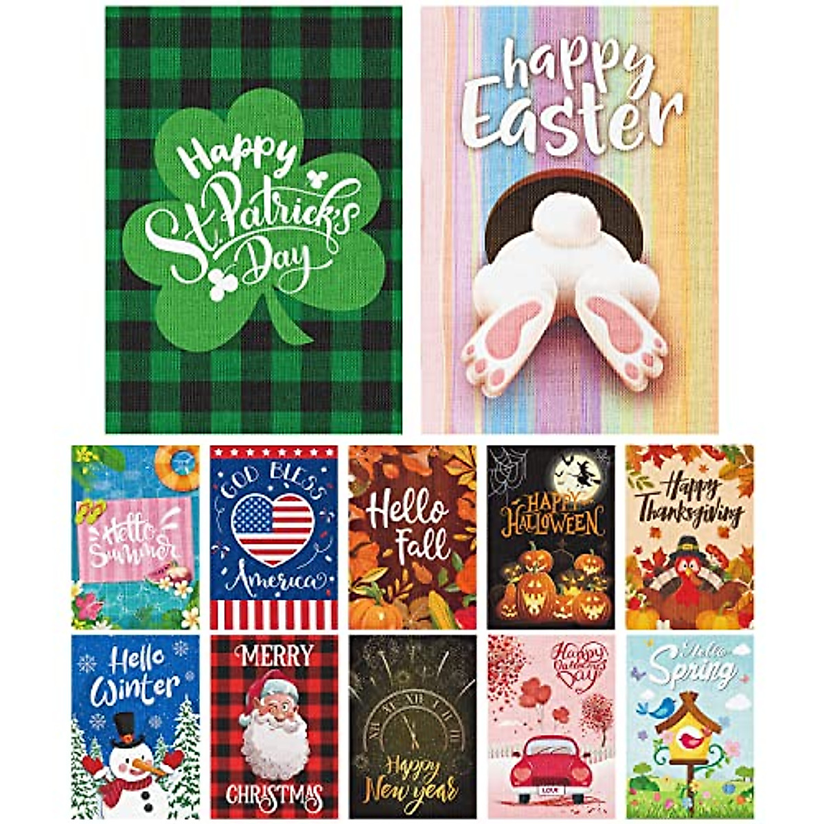 WATINC 12Pcs Seasonal Garden Flags Burlap Vertical Double Sided Happy Halloween Thanksgiving Merry Christmas Hello Spring Summer Fall Winter Party Decorations House Flag for Lawn Yard 12 x 18 Inch
