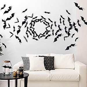 Coogam 60PCS Halloween Bats Decoration, 4 Different Sizes Realistic PVC Black 3D Scary Bat Sticker for Home Decor DIY Wall Decal Bathroom Indoor Hallowmas Party Supplies