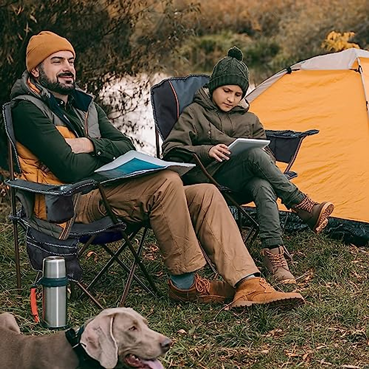 Overmont Oversized Camping Folding Chair Heavy Duty Steel Frame Collapsible Padded Arm Chair with Cup Holder Cooler Pocket Quad Lumbar Back, Portable for Outdoor Beach Fishing Support 385 LBS