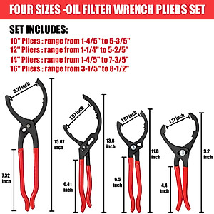 Lothee 4 Pieces Oil Filter Wrench Set, 10'' 12'' 14'' 16'' Oil Filter Pliers Adjustable Removal Tool Pliers for Cars, Trucks, Motorcycles Engine, Conduit, Fittings