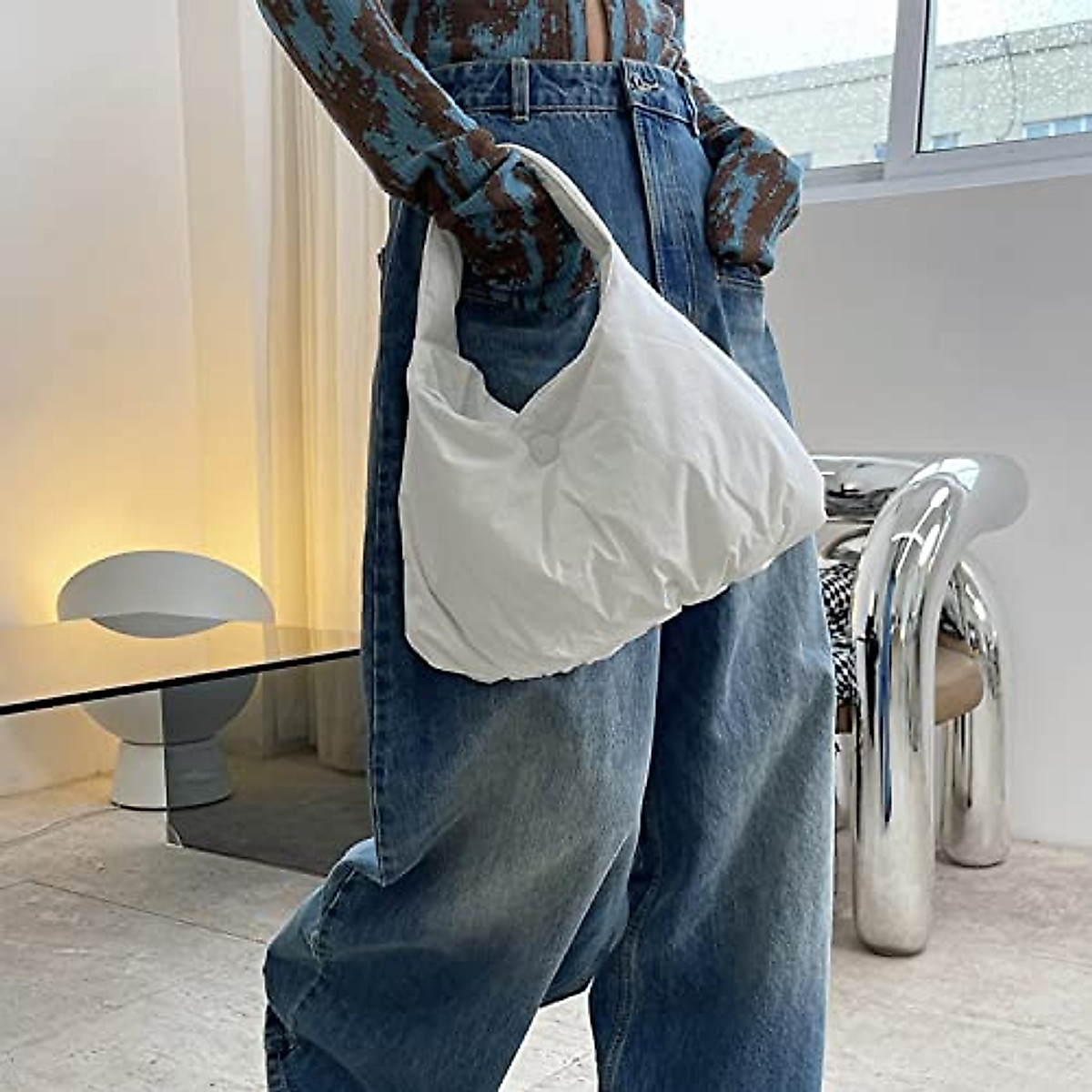 Puffer Bag for Women, Cotton Designer Handbags Purse for Women Soft Fashion Ladies Shoulder Bags Tote Handbag (White)