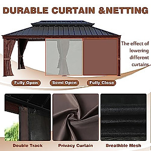 MUPATER 12' x 20' Gazebo, Wooden Finish Coated Aluminum Frame, with Double Galvanized Steel Hardtop Roof, Netting and Curtains for Garden, Patio Lawn and Parties