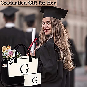 YOOLIFE Personalized Gifts for Best Friend Female - Initial Canvas Beach Tote Bag with Zipper Makeup Bag Bridal Shower Bride Bridesmaids Wedding Gifts Mothers Day Graduation Gifts for Her C