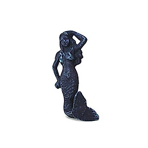 Handcrafted Nautical Decor Rustic Dark Blue Cast Iron Mermaid Hook 6" - Cast Iron Decoration - Antique Vin