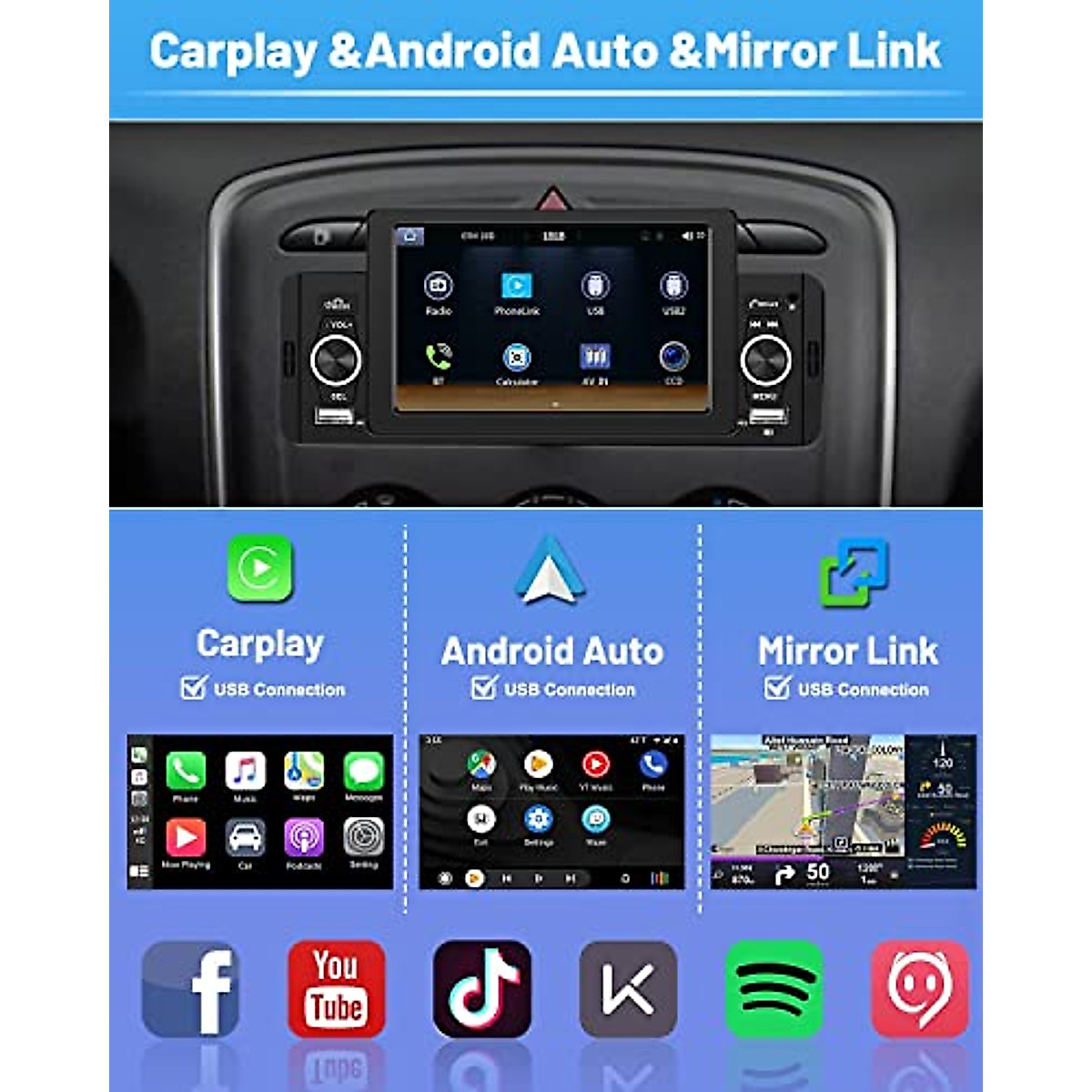 5'' Single Din Apple Carplay Car Stereo with Android Auto, Hikity HD Touch Screen Car Radio Bluetooth 5.1, Mirror Link, FM, Siri, SWC, Dual USB Input, Car Audio with Mic, Remote Control, Backup Cam