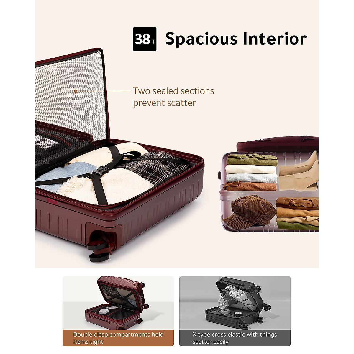 LUGGEX Carry On Luggage with Front Pocket, PC Hard Shell Suitcase with Spinner Wheels, Soft Front Flap with Multiple Pockets (Red, 21 Inch, 38L)