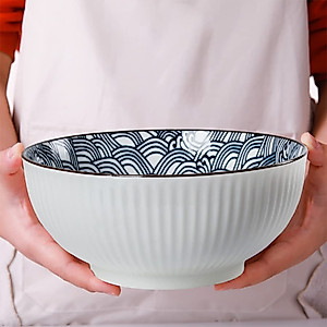 Houlu 60 oz Pho Bowls, Large Soup Bowl, Japanese Ramen Bowl Set, 8 inches Big Porcelain Bowls Set of 3, Wave Pattern