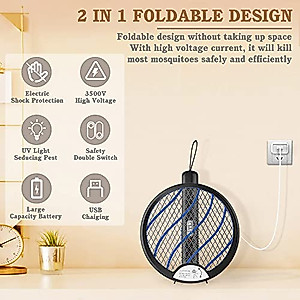 Electric Fly Swatter Racket 2 in 1 Foldable Bug Zapper Racket,3500V Fly Swatter Electric USB Rechargeable with 3-Layer Safety Mesh for Indoor and Outdoor