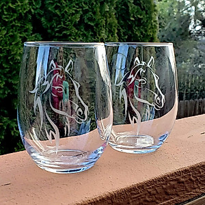Etched horse wine glass set, wine glass, horse glass, wine gift, wine glass set of 2, etched horse, horse wine glass, stemless wine glass, 15 oz. wine glass