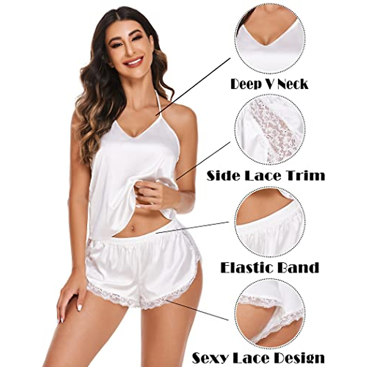 Avidlove Lingerie for Women Pajama Silk Sleepwear Shorts PJ Sets (White, Medium)
