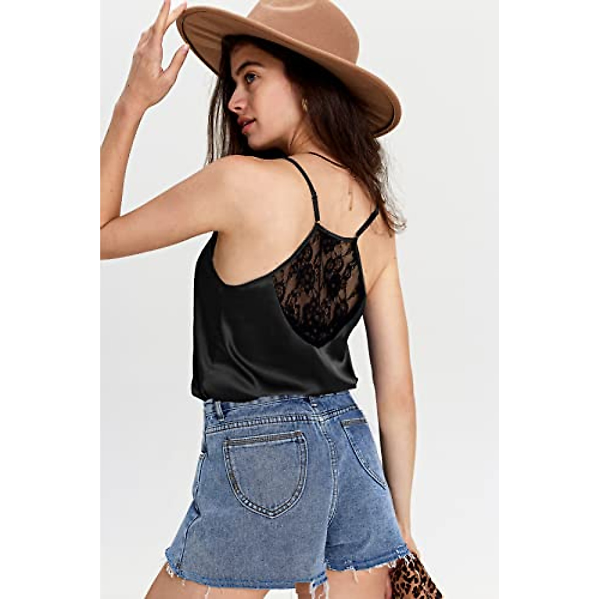 Ekouaer Lingerie for Women Soft Womens Lingerie Sleepwear Satin Pajamas Cami Set Lace Silk Nightwear Short Set,Black Medium