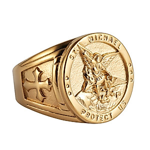 HZMAN St. Michael San Miguel The Great Protector Archangel Defeating Satan Figurine Stainless Steel Amulet Ring (Gold-A, 10)