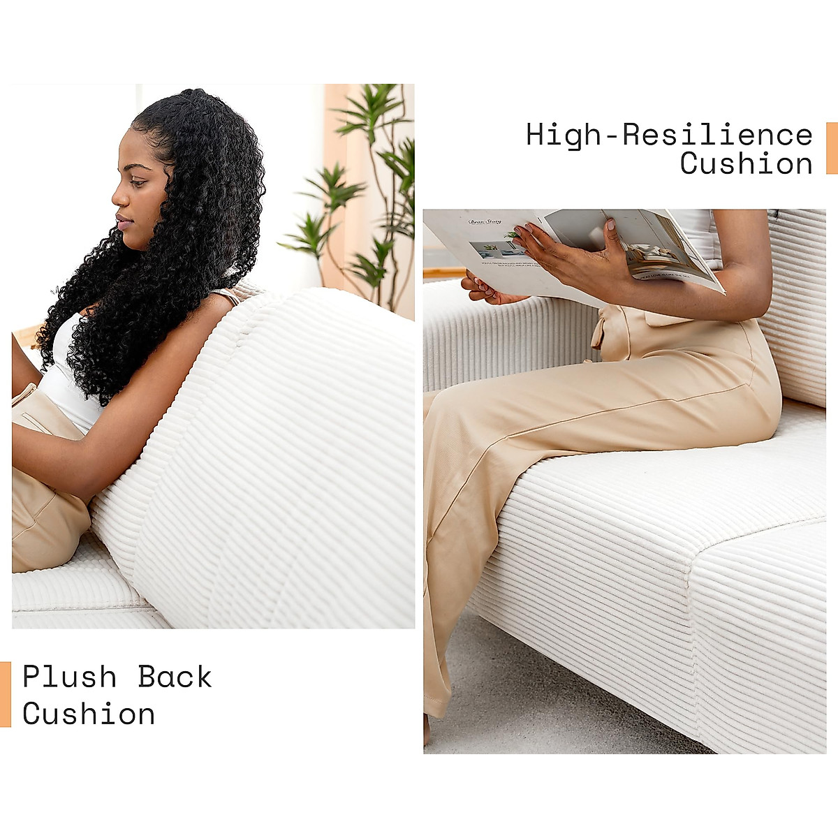 AMERLIFE 89 inch Sofa, Oversized Sofa-Modern Sofa Couch in Corduroy, 3 Seater Sofa for Living Room, White Deep Seat Sofa