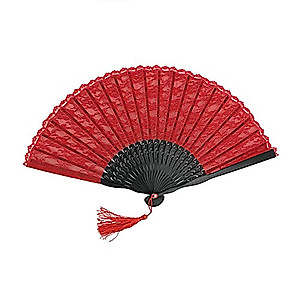 Exasinine Retro Lace Hand Fan Bamboo Folding Fan Handheld Fan (Red)