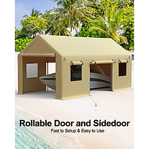 DEXSO Carport 10'x20' Heavy Duty Canopy, 1.0 mm Steel Poles & 14 mil PE Tarp, with Front & Rear Doors, 2 Side Doors, and 4 Windows Screen, Portable Garage for Pickup Truck, and Boat, Khaki