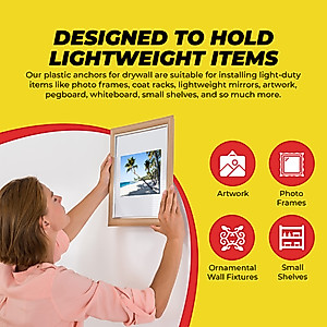 Qualihome Drywall Anchors Premium Quality Ribbed Lightweight Plastic Anchors for Hollow Walls – Wall Hanging Anchor Kit for Pictures, Artwork & Light Duty Anchoring Application (#10-12 x 1")