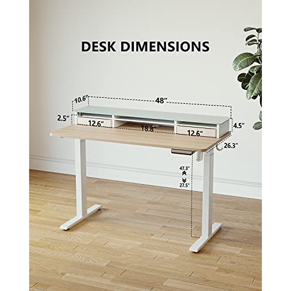 BANTI 48"x 26" Electric Standing Desk with Glass Top Monitor Stand, Adjustable Sit Stand Up Table with Double Drawer, Sit Stand Desk with Storage Shelf, Light Walnut Top