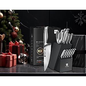 WIZEKA Kitchen Knife Set with Block, 15PCS Dishwasher Safe Knife Block Set with Sharpener, One-Piece German Stainless Steel Kitchen Knives, Silver Wings Series, Best Gifts for Him Her