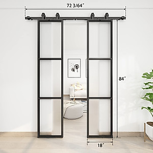 JUBEST 36 x 84 Inch Double Barn Door with 6FT Hardware Kit and Soft Close Mechanism Include, 2 Sets of 18in x 84in 3-Paneled Frosted Glass with Carbon Steel Frame Barn Door, Easy to Install