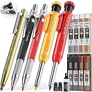 Nicpro 5 Pack Mechanical Carpenter Pencil Set with 76 Refills & Carbide Scribe Tool, Solid Deep Hole Carpenter Markers Woodworking Pencils with Built-in Sharpener for Construction Architect -With Case
