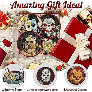 ICECHEN 8 Pcs Diamond Paintings Coasters Kits with Holder, DIY Halloween Coaster Diamond Art Kits,Full Drill Rhinestone Painting Kits for Adults & Kids,Beginners Art Craft Supplies