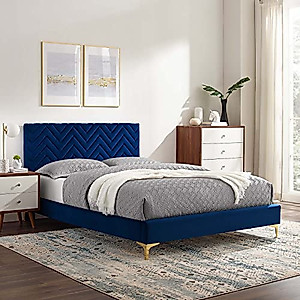 Modway MOD-7013-NAV Leah Chevron Tufted Performance Velvet King Platform Bed, Navy