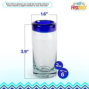 FESTMEX Authentic Hand Blown Mexican Tequila Shot Glasses – Set of 6 Cobalt Blue Rim Tequila Shot Glasses Made from Recycled Glass by Artisans (2 OZ, Cobalt)